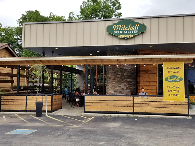 Mitchell Delicatessen's unassuming exterior hides a sandwich paradise within. That teal sign is like a beacon for hungry Nashville locals in the know.