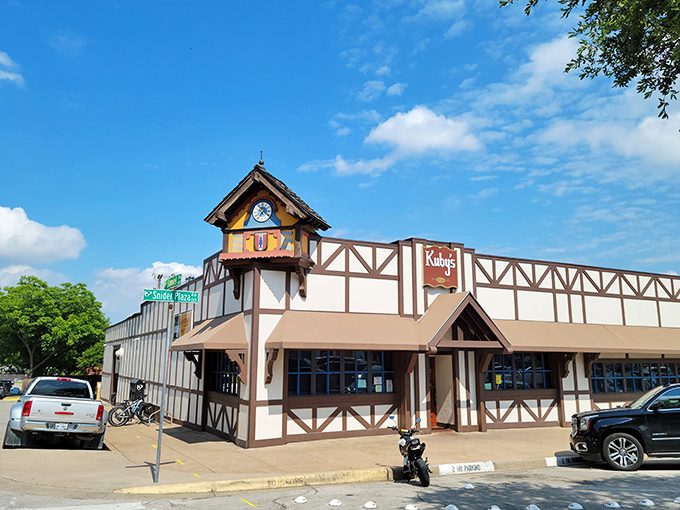 The Tudor-style facade of Kuby's stands like a Bavarian time machine in Dallas, complete with a charming clock tower that seems to whisper "time for schnitzel!"
