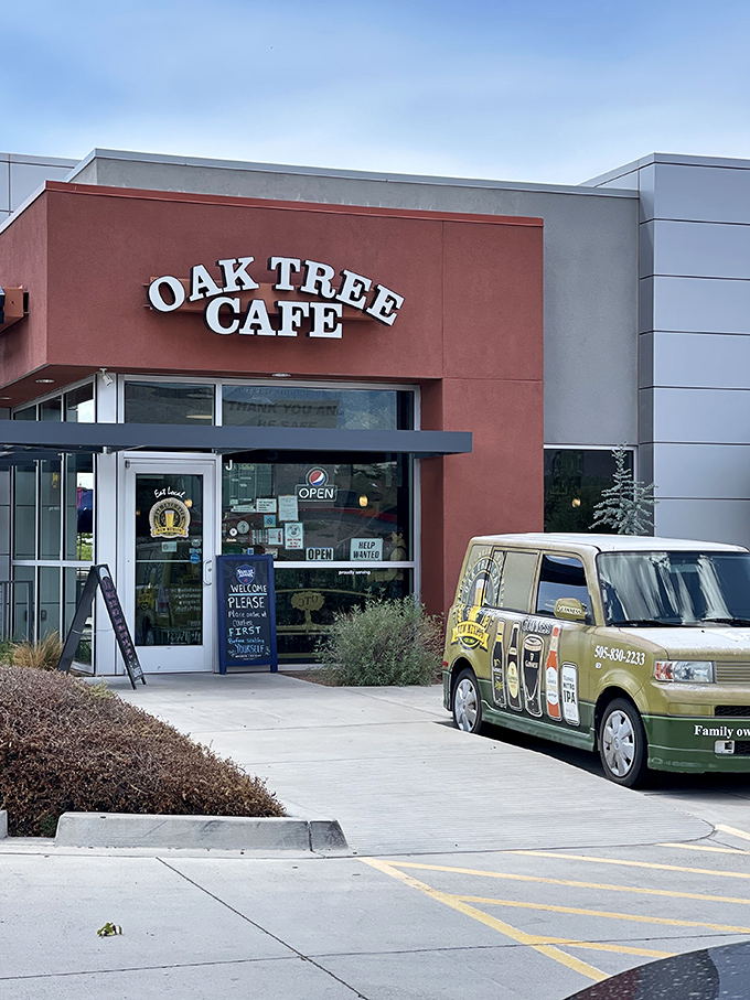The bright red exterior of Oak Tree Cafe stands out like a beacon for sandwich seekers, promising delicious refuge from Albuquerque's desert heat.