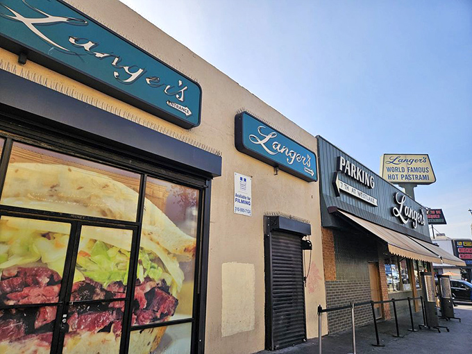 The iconic Langer's sign beckons like a lighthouse for the sandwich-starved. This unassuming exterior houses culinary treasures that have stood the test of time.