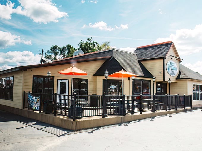 The cheerful pickle mascot welcomes you like an old friend. This tan façade houses culinary treasures that'll make your taste buds do a happy dance.