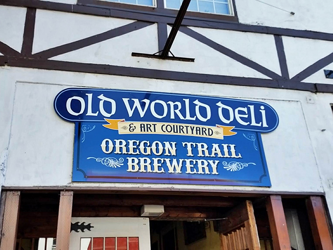 The Tudor-style facade of Old World Deli stands as a European oasis in downtown Corvallis, promising culinary adventures behind those wooden beams and white stucco walls.
