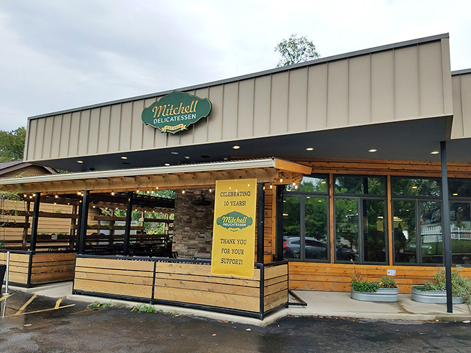 Mitchell Delicatessen's unassuming exterior hides a sandwich paradise within. That teal sign is like a beacon for hungry Nashville locals in the know.