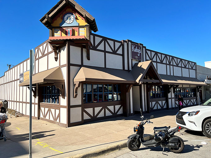 The Tudor-style facade of Kuby's stands like a Bavarian time machine in Dallas, complete with a charming clock tower that seems to whisper "time for schnitzel!"
