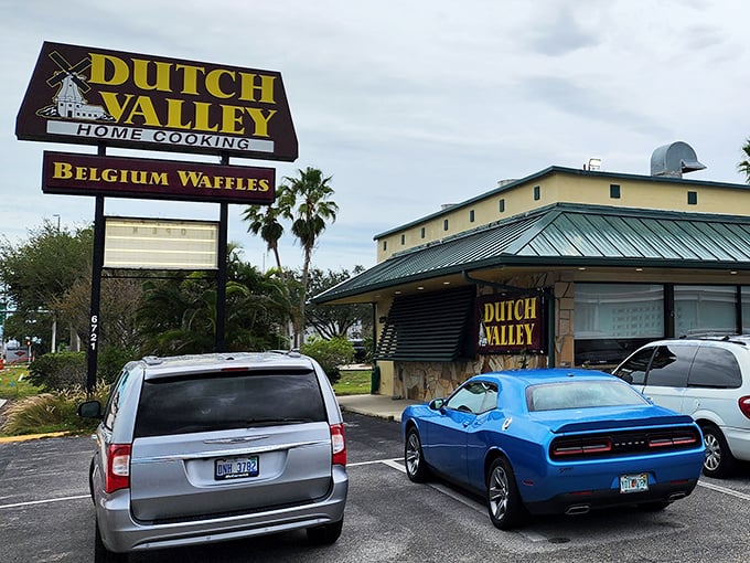 The unassuming exterior of Dutch Valley Restaurant promises "HOME COOKING" and "BELGIUM WAFFLES" &ndash; a modest declaration that understates the breakfast magic waiting inside.