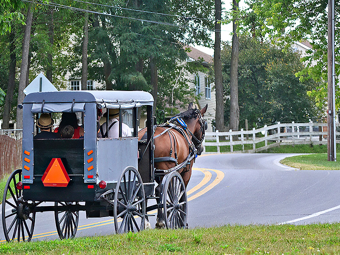 The quintessential Amish Country experience: a horse-drawn buggy ambling down a country road where life moves at the refreshing pace of yesterday.