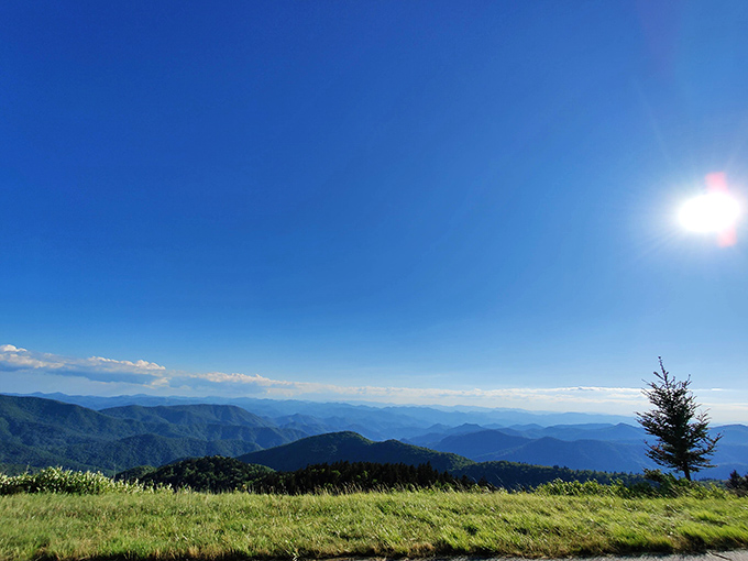 Nature's own IMAX theater unfolds at Cowee Mountain Overlook, where layers of blue ridges stretch to infinity under a perfect Carolina sky.