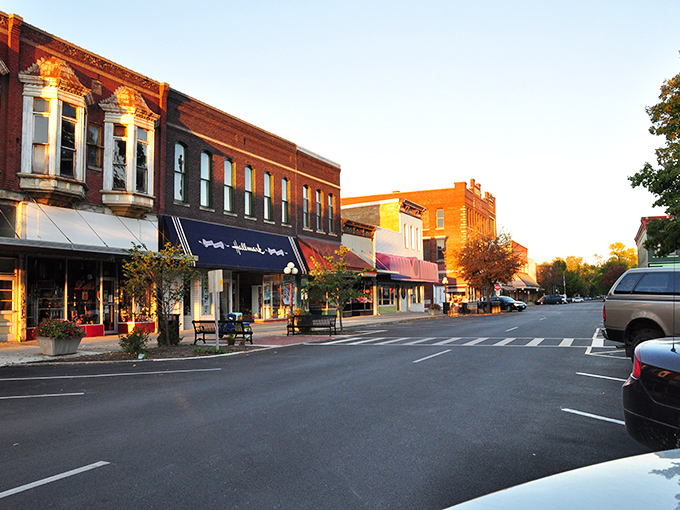 Historic storefronts line Pontiac's downtown, where Pontiac Sports stands as a colorful reminder that small-town retail can still thrive in the Amazon age.
