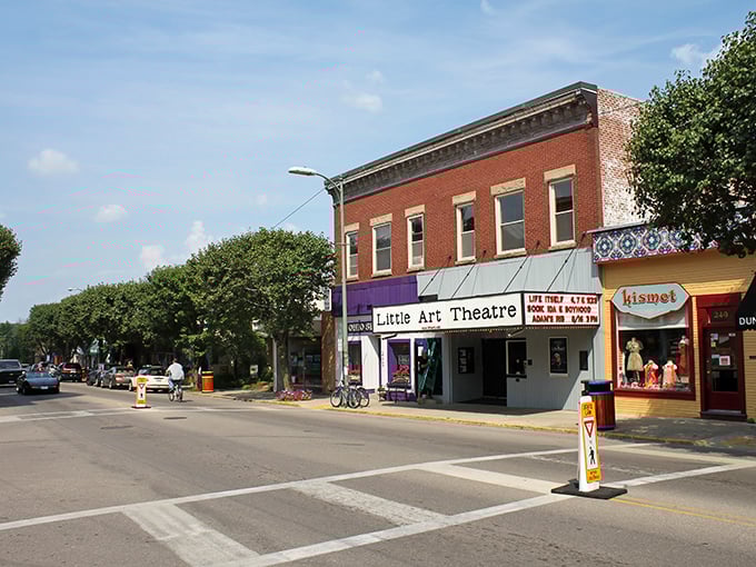Downtown Yellow Springs greets visitors with its historic Little Art Theatre, a cultural cornerstone where independent films find their audience in small-town America.