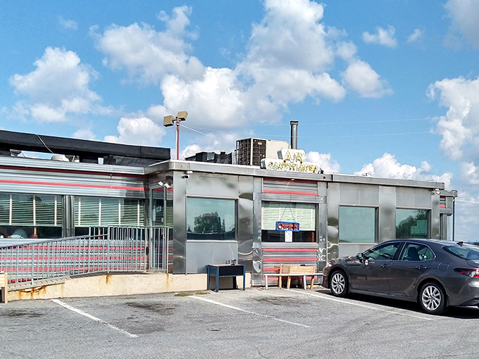 The gleaming stainless steel exterior of Route 30 Diner stands like a time machine that accidentally landed in Amish Country and decided to start serving breakfast.