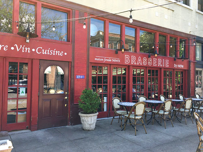 The burgundy fa&ccedil;ade with charming sidewalk seating whispers "bonjour" to Central West End passersby, promising Parisian pleasures without the passport hassle.