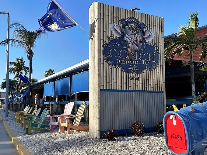 The vibrant yellow and red exterior screams "Florida vacation" even if you're just on your lunch break. Palm trees included!