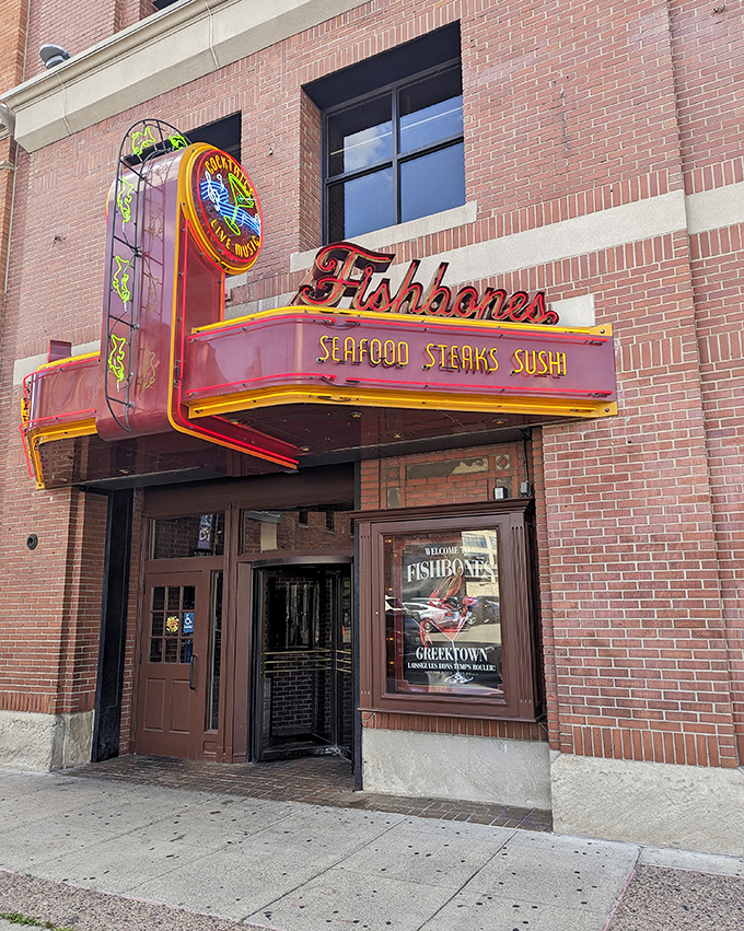 The neon marquee beckons like a lighthouse for hungry souls wandering Greektown. That retro sign isn't just advertising&mdash;it's making a delicious promise.