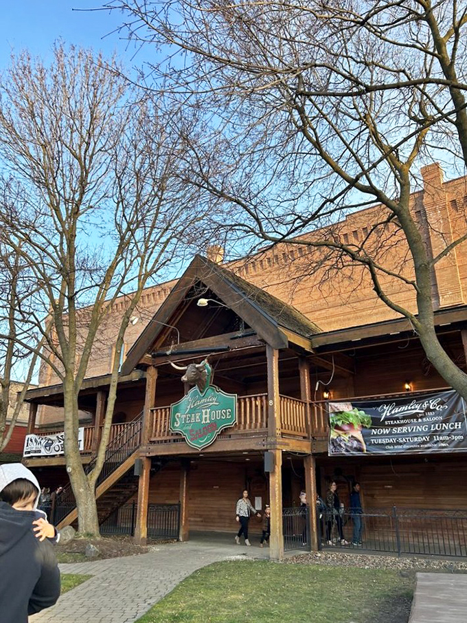 The Western welcome wagon! Hamley's rustic wooden exterior stands proudly on Pendleton's Main Street, promising carnivorous delights within those timber walls. 