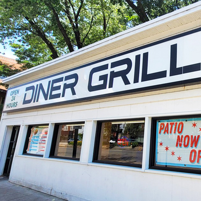 The unassuming white exterior of Diner Grill stands like a beacon of hope for hungry night owls and early birds alike on Chicago's Irving Park Road.
