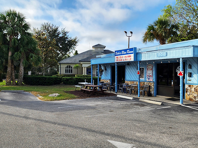 The little blue building that could! Babe's Blue Room's vibrant exterior stands as a colorful beacon for hungry travelers seeking authentic Florida comfort food.