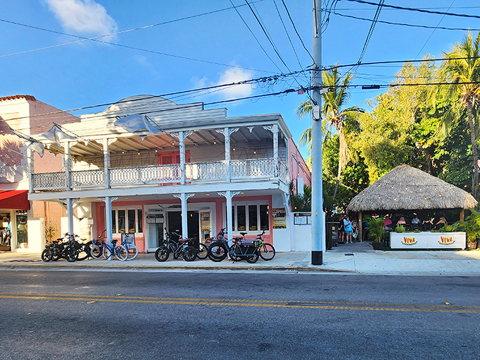 Classic Key West architecture meets Argentina as blue and white flags flutter above this charming building. Bicycles parked outside suggest the perfect island transportation method.