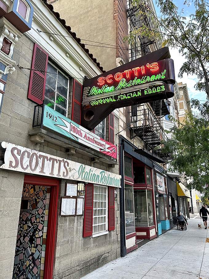 The iconic neon sign glows like a beacon for pasta pilgrims. Scotti's storefront has been stopping Cincinnati pedestrians in their tracks for generations.