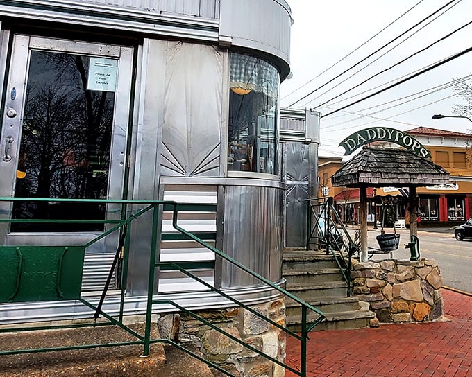 The classic diner entrance at Daddypops looks like a time machine disguised as a wooden portico. Step inside and prepare for pancake nirvana.