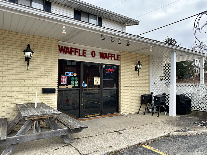 Like a culinary speakeasy, Waffle O Waffle's unassuming yellow brick exterior hides revolutionary flavor combinations waiting to be discovered inside.