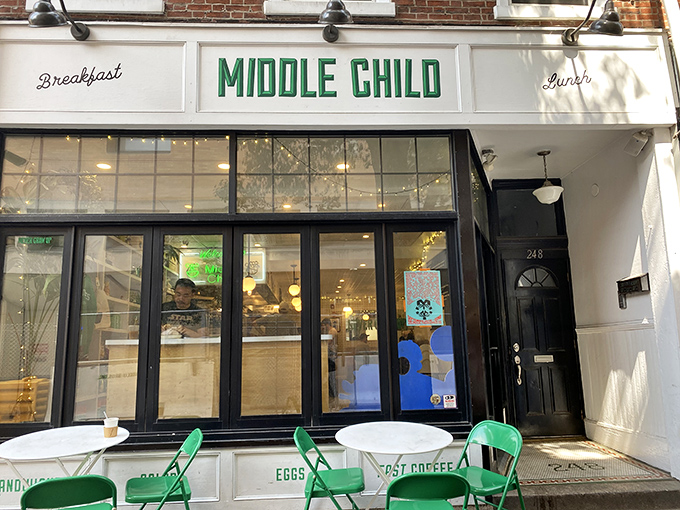 Middle Child's charming storefront invites you in with its clean white facade and green accents. The sidewalk seating practically begs you to linger over breakfast.