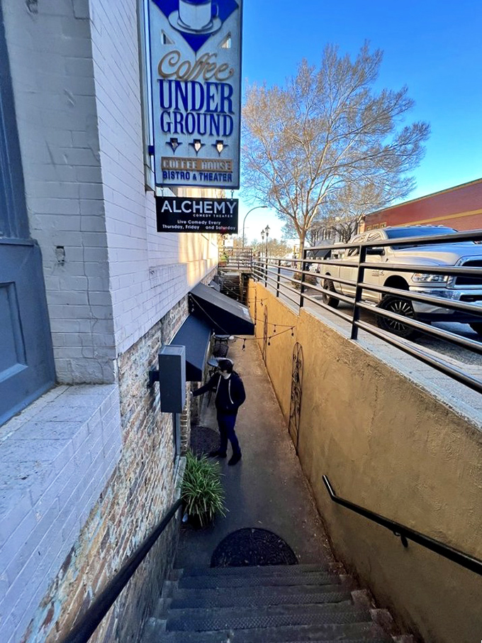 The stairway to coffee heaven beckons from downtown Greenville. Like Alice's rabbit hole, but with caffeine waiting at the bottom.