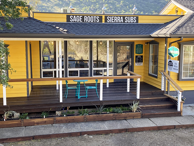 The sunshine-yellow exterior of Sierra Subs stands like a beacon of hope for hungry travelers, promising sandwich salvation just steps from Sequoia National Park.