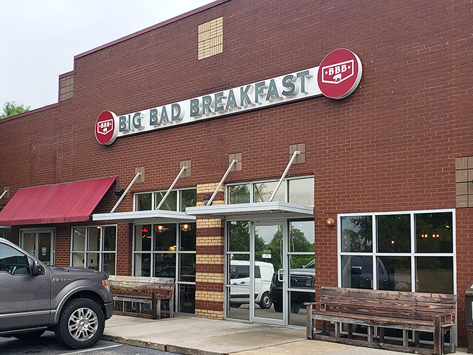 The brick facade of Big Bad Breakfast promises what lies within—a morning meal that's anything but ordinary. Birmingham's breakfast devotees know exactly where to find their morning salvation.