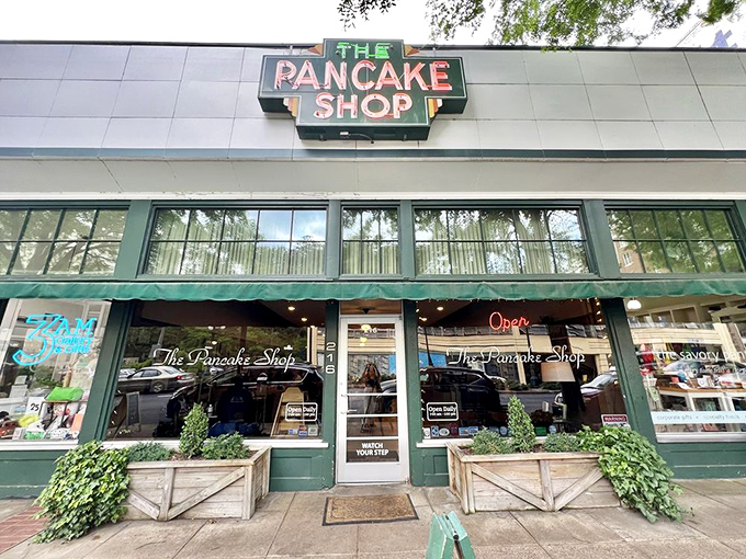 The iconic green storefront of The Pancake Shop stands as a beacon of breakfast hope on Central Avenue in Hot Springs. 