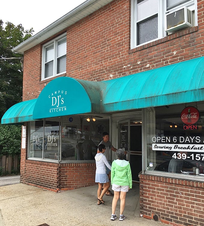 The iconic teal awning of DJ's Campus Kitchen beckons breakfast lovers like a lighthouse for the hungry souls of New London.
