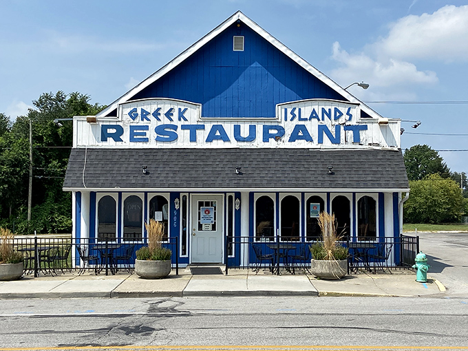 The iconic blue and white facade of The Greek Islands Restaurant stands like a Mediterranean mirage in Indianapolis, promising culinary adventures without the passport hassle.