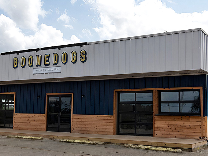 Boonedogs stands like a beacon against the Kentucky sunset, its unassuming exterior hiding culinary treasures that locals line up for.