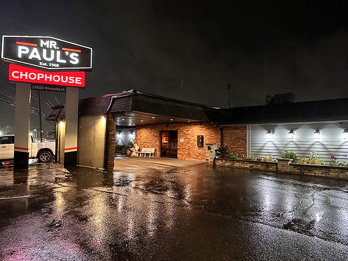 A modest brick exterior belies the culinary treasures within&mdash;Mr. Paul's neon sign stands as a beacon for prime rib pilgrims on rainy Michigan nights.