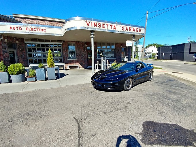 The classic service station facade of Vinsetta Garage stands as a monument to Detroit's automotive past while promising culinary delights within.