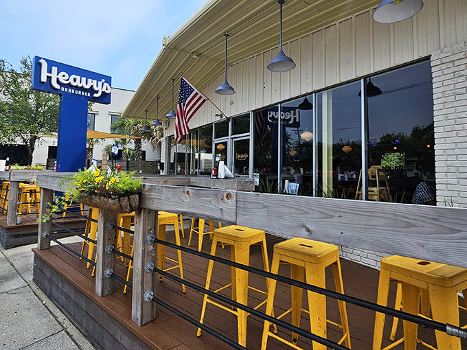 The blue sign beckons like a lighthouse for the hungry&mdash;Heavy's Barburger's unassuming exterior hides culinary treasures within.