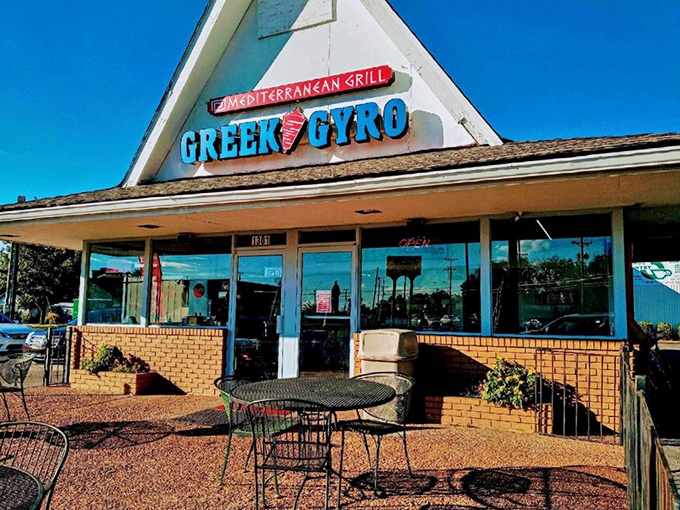 The distinctive A-frame building of Greek Gyros stands like a Mediterranean beacon in Murfreesboro, complete with outdoor seating for those perfect Tennessee evenings.