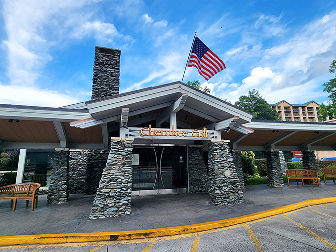 Stone pillars that mean business! Cherokee Grill's rustic mountain lodge exterior promises what every hungry traveler hopes for&mdash;authenticity with a side of comfort.