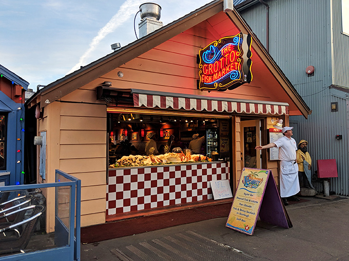 The sunshine-yellow exterior of Old Fisherman's Grotto stands out on Monterey's Fisherman's Wharf like a culinary lighthouse beckoning hungry travelers home.