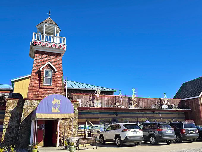 The lighthouse tower stands sentinel at Pickle Bill's, beckoning hungry travelers like a maritime mirage in landlocked Ohio.