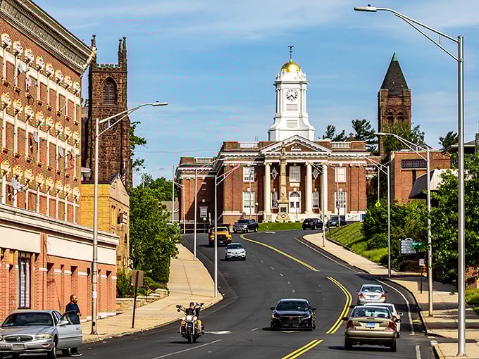 Downtown Meriden showcases its historic architecture against a bright blue sky, where affordability meets New England charm.