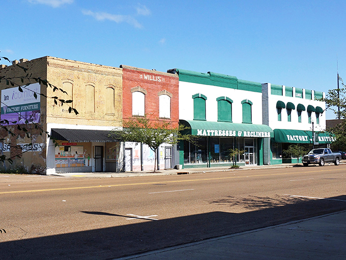 Colorful historic storefronts line Greenville's downtown, where time seems to move at the perfect pace for discovering hidden treasures and local charm.