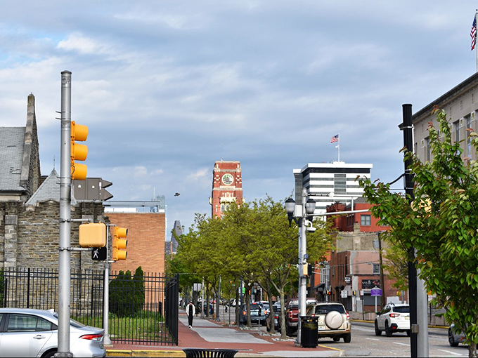 Downtown Camden's skyline showcases its urban renewal, with the iconic Ben Franklin Bridge connecting this affordable gem to Philadelphia's bustling metropolis.