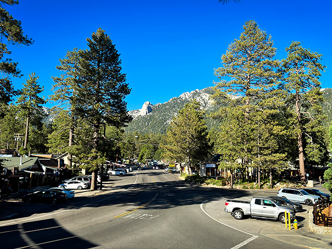 A bird's-eye view that makes you wonder if you've stumbled into a Bob Ross painting&mdash;pine-covered mountains embracing a tiny village like a verdant hug.