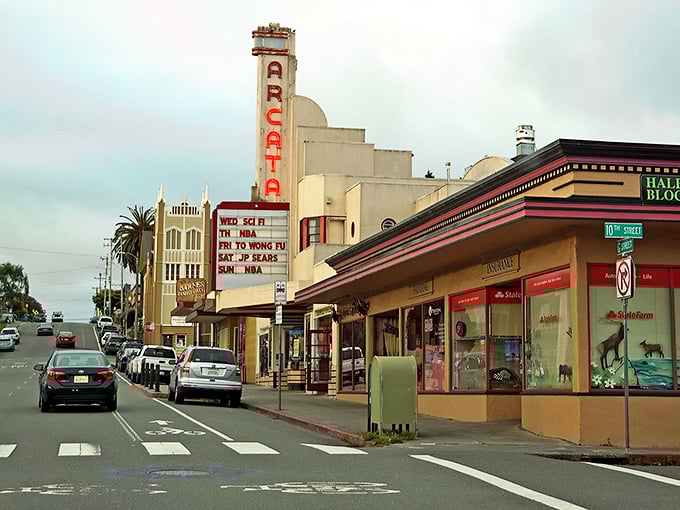 Arcata's downtown plaza glows at dusk, a perfect square of green surrounded by colorful Victorian buildings &ndash; California's small-town charm dialed up to eleven.