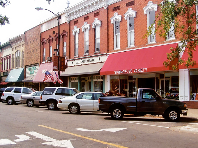Historic brick buildings line Allegan's downtown, where time seems to slow down just enough to let you appreciate the architectural details that modern strip malls forgot.