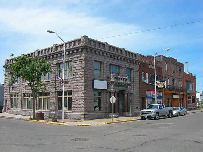 Ladysmith's main street offers that perfect small-town serenity where rush hour means three cars at the stop sign. Classic Americana preserved in brick and blue sky.