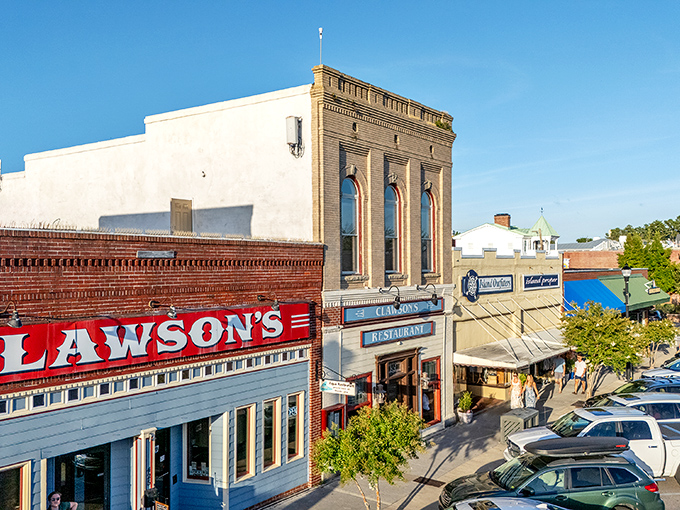 Clawson's bold red signage stands proud on Beaufort's historic Front Street, a beacon for hungry travelers since the early 1900s.