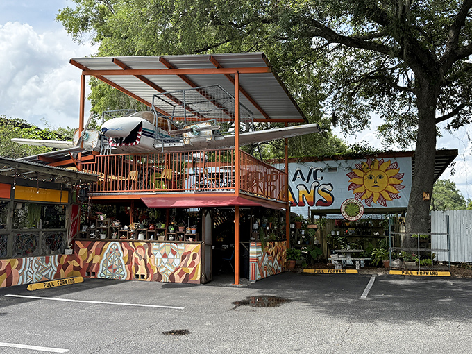 Where art meets appetite! Satchel's exterior features a vintage airplane perched above the entrance, setting the tone for the whimsical experience awaiting inside.