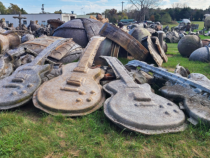 Jaws meets Wisconsin farmland in this surreal scene. These weathered shark molds look ready to swallow unwary visitors whole, creating a "Land Sharks" moment that would make Chevy Chase proud.
