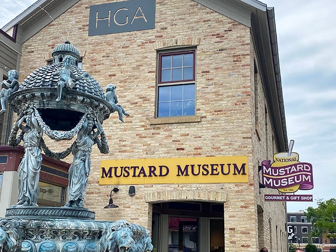 The National Mustard Museum stands proudly in downtown Middleton, with a decorative fountain that seems to say, "Yes, we're serious about condiments here."